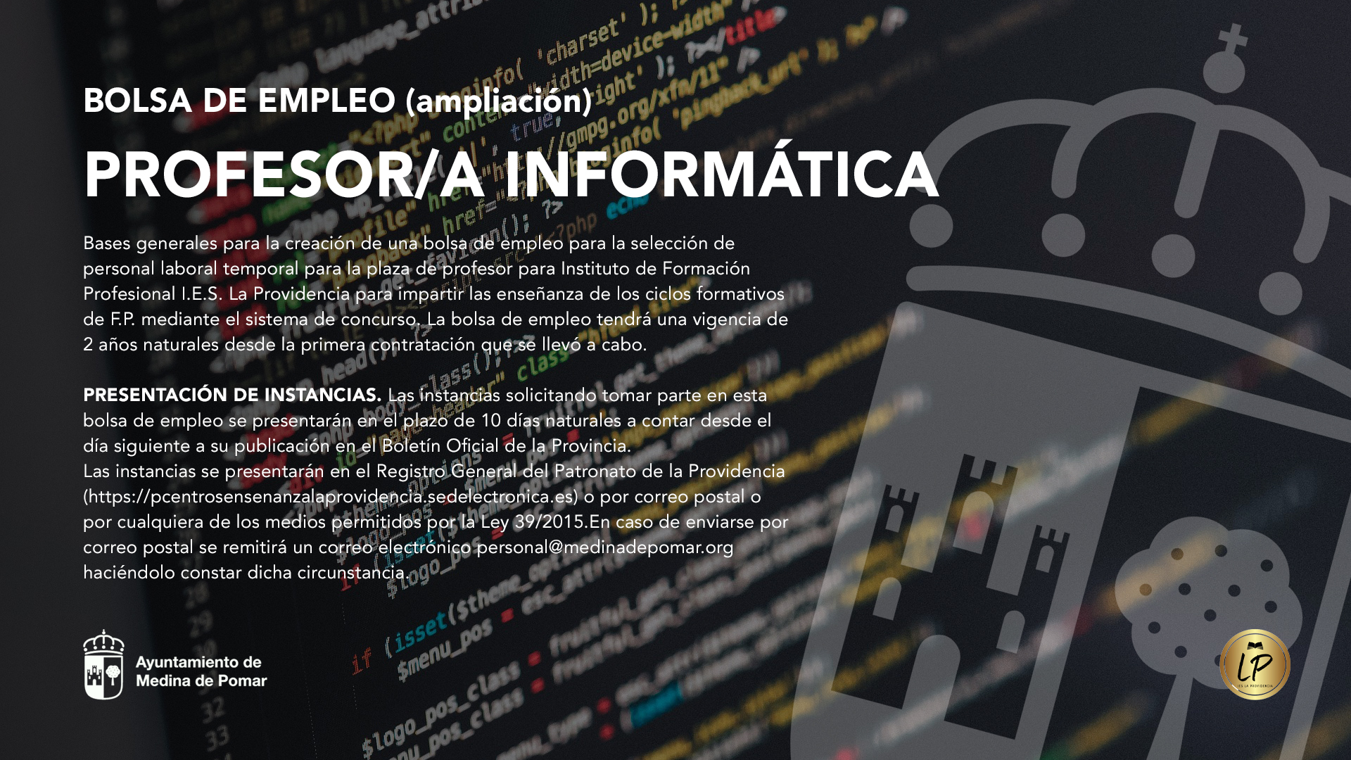 BASES - BOLSA DE EMPLEO PROFESOR/A INFORMÁTICA (ampliación) | Ayuntamiento de Medina de Pomar